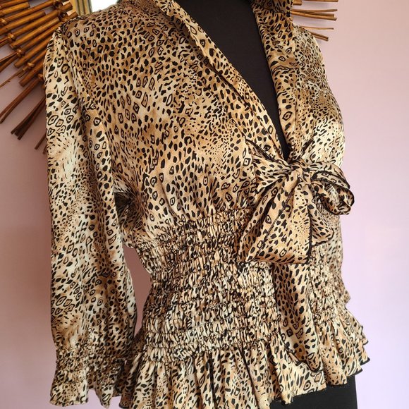 Tops | Vintage Cheetah Print Front Bow Blouse | Poshmark